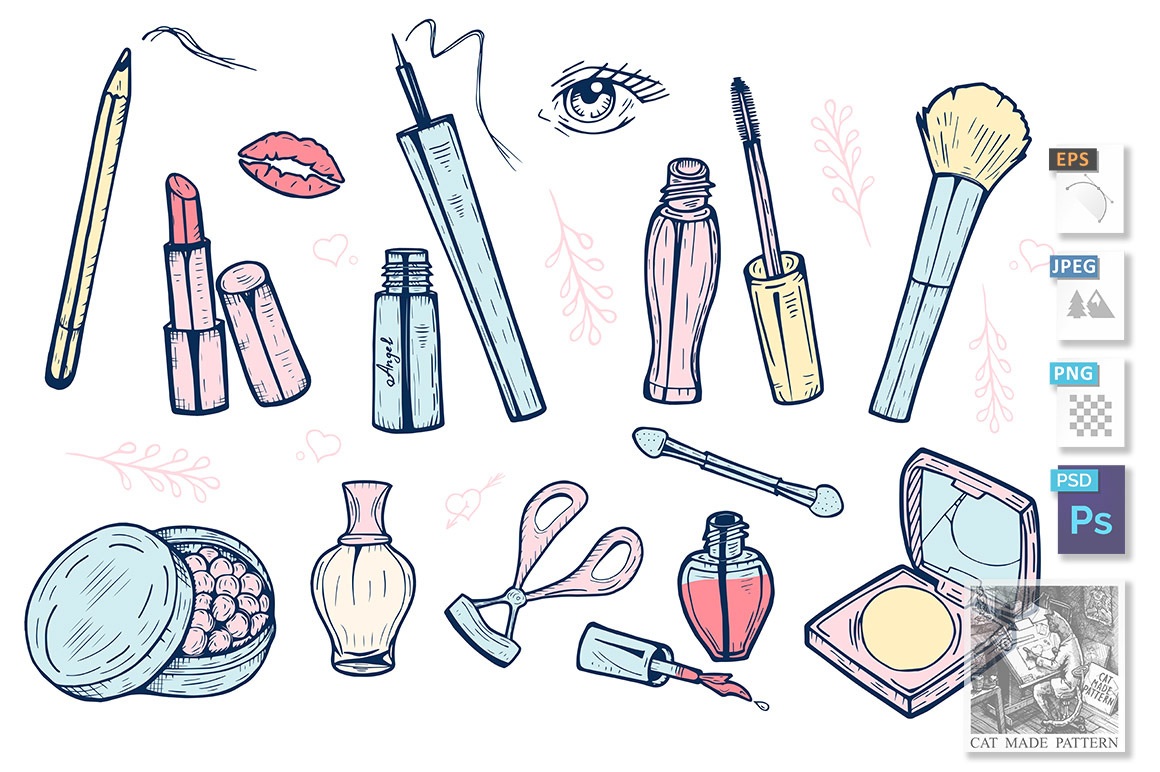 Cute girlish makeup items icons set, an Object Graphic by CatMadePattern