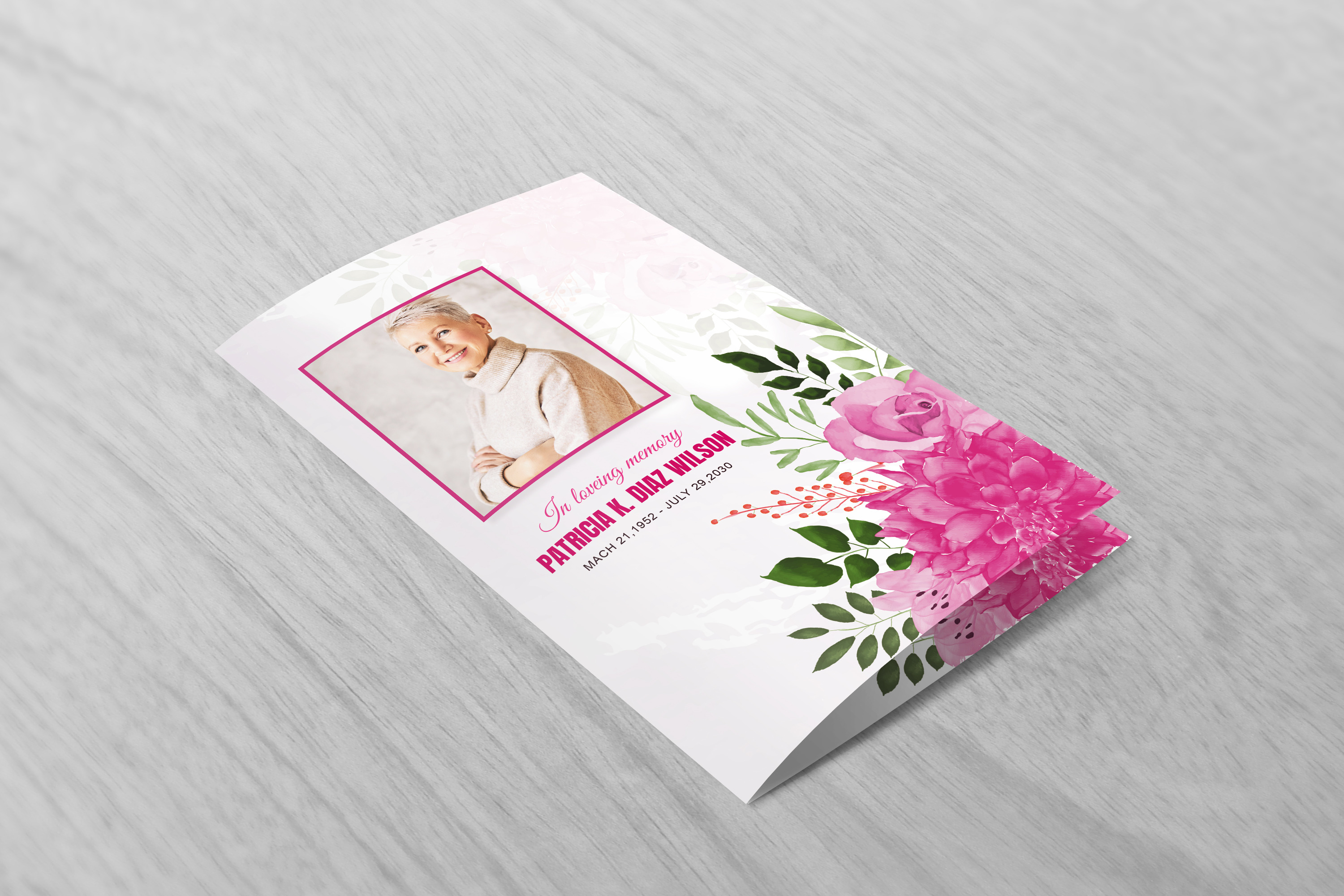 Pink flower funeral program template