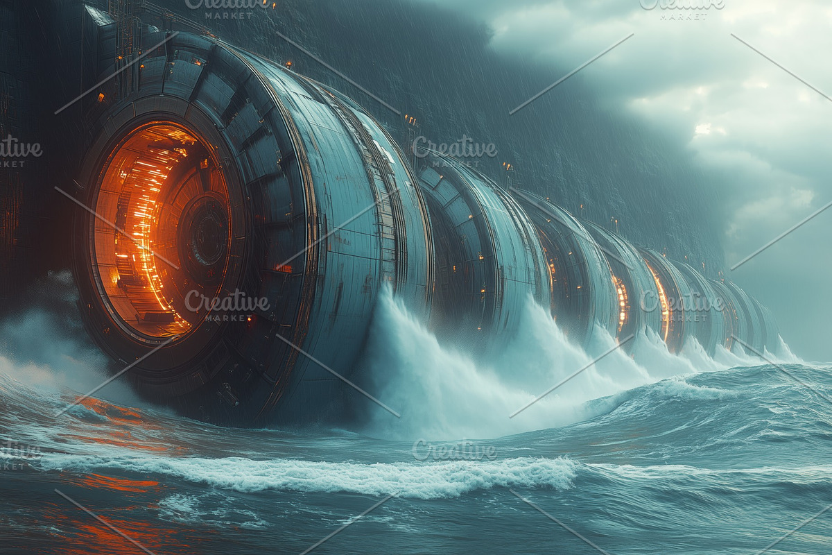 A futuristic scene depicting large, cylindrical structures emerging ...