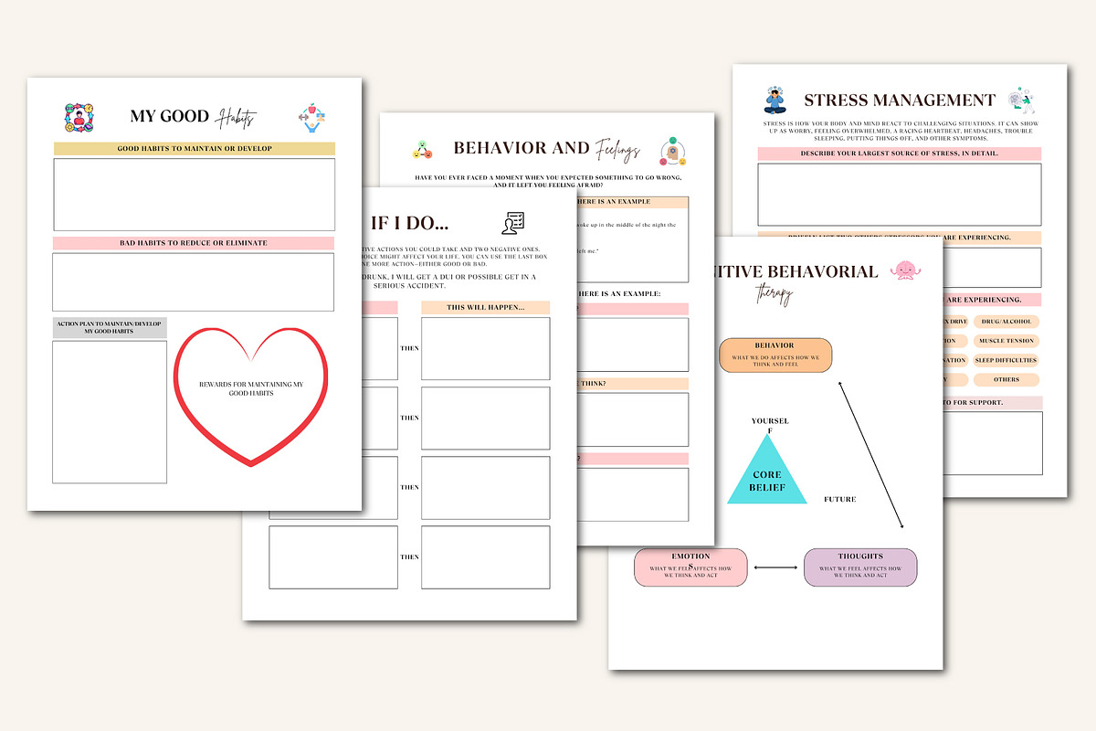 DBT Worksheets Bundle, a Stationery Template by Designmela01