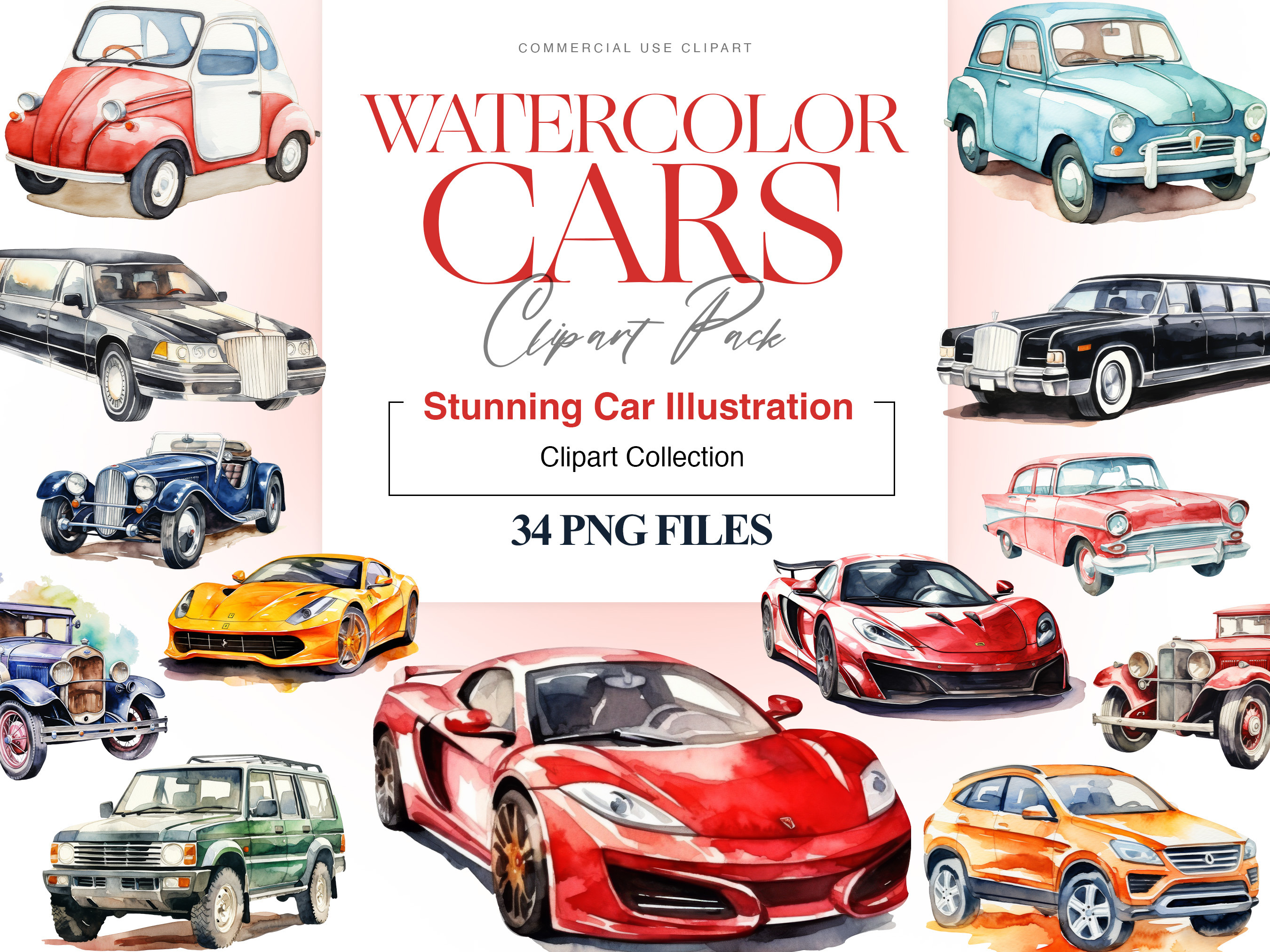 Watercolor Car Clipart, Muscle Car PNG