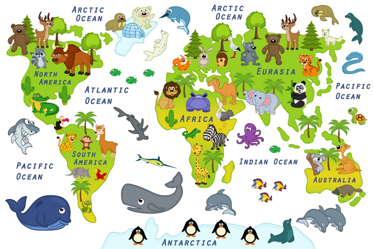 map world with animals vector, a Graphic by NataKa