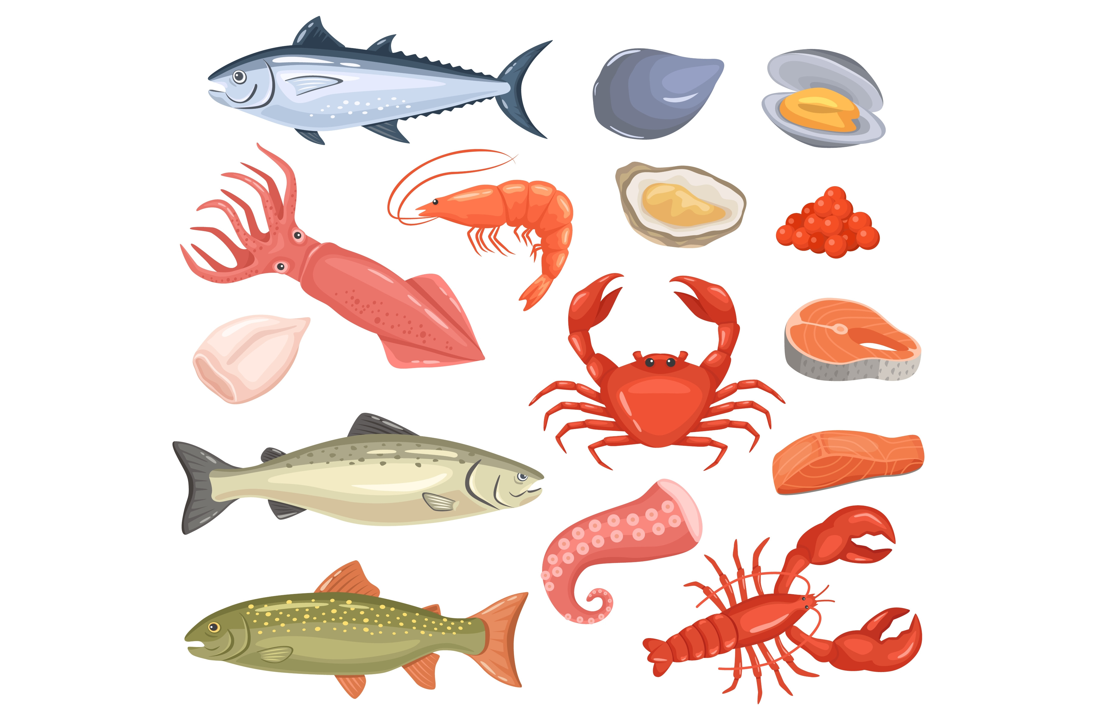 Cartoon seafood. Fresh fish, oyster, an Animal Illustration by Frogella
