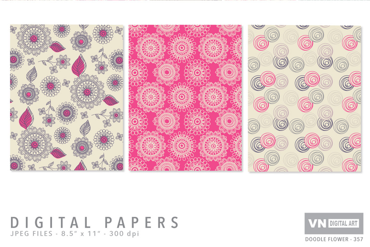 Digital Papers - Doodle Flower -357, a Pattern Graphic by VN Digital Art