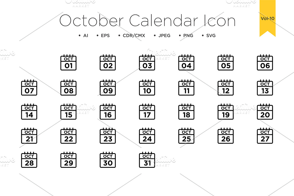 October Calendar Icons, an Outline Icon by shahsoft