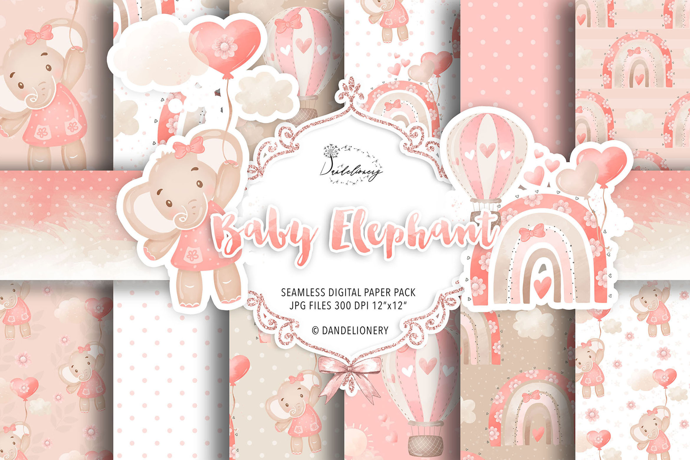 Baby Girl Elephant digital papers, a Pattern Graphic by ...