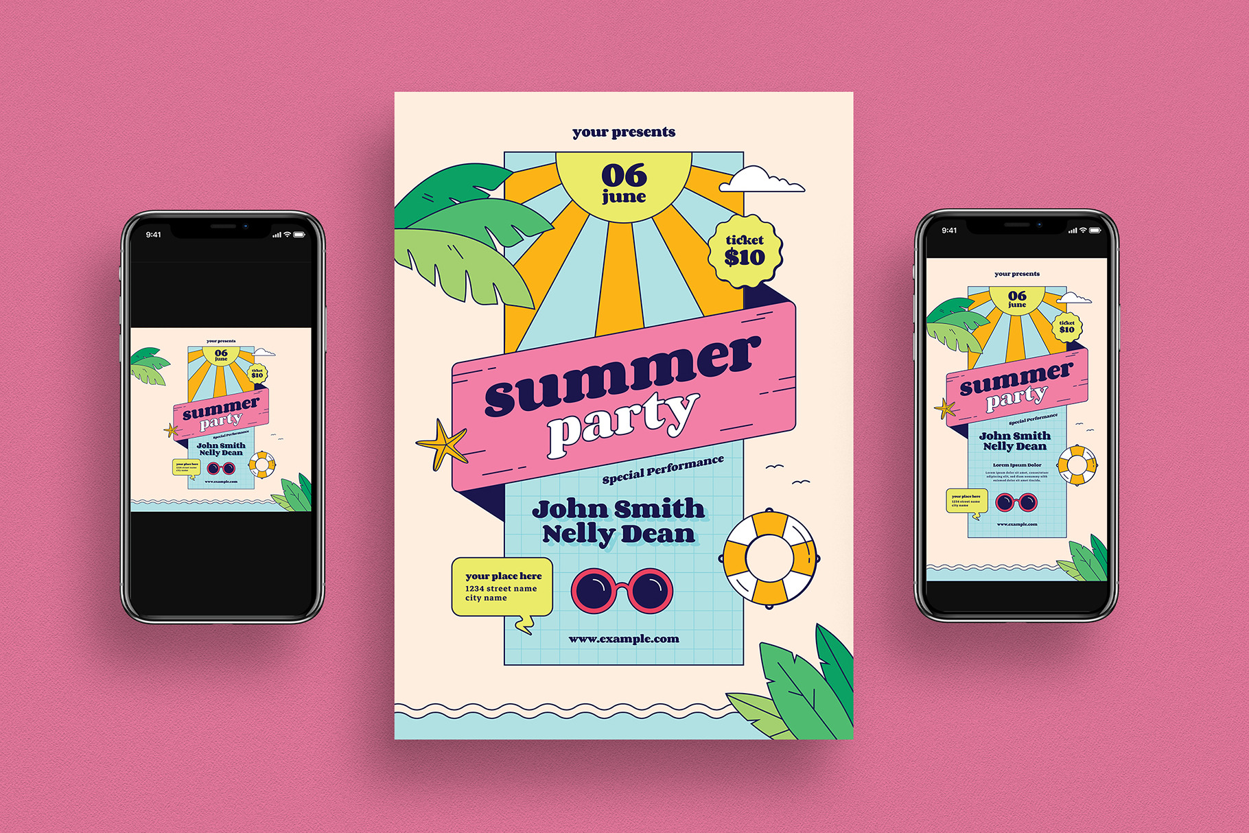 Summer Party Flyer + Social Media, a Flyer Template by VectorVactory