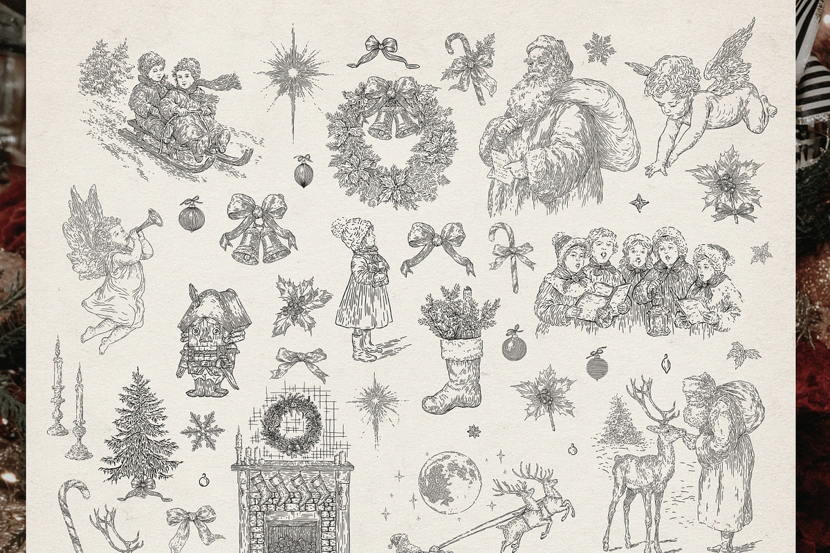 Christmas Melodies Vintage Line Art