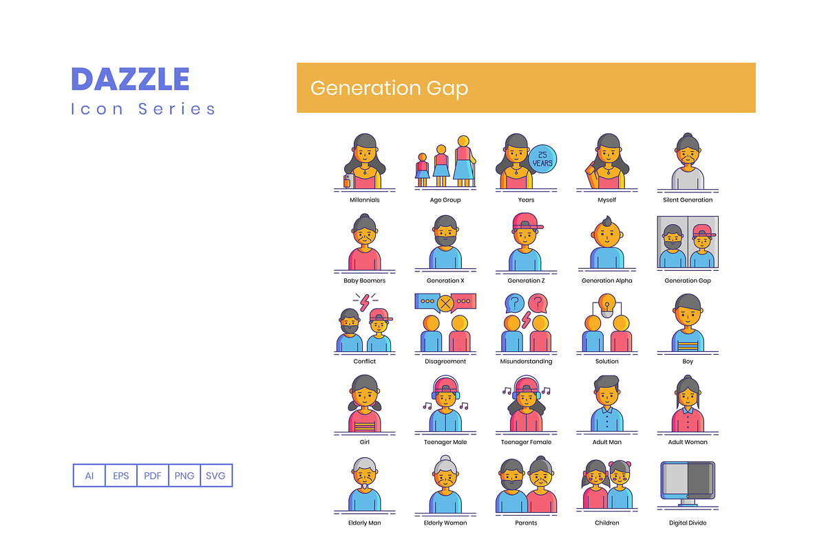 70 Generation Gap Icons | Dazzle, an Icon by Flat Icons | Creative Market