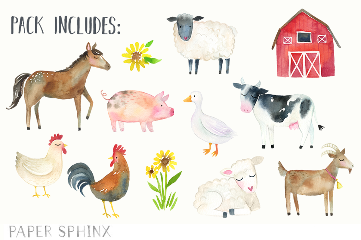 Watercolor Farm Animals Clipart Pack, an Animal Illustration by PaperSphinx