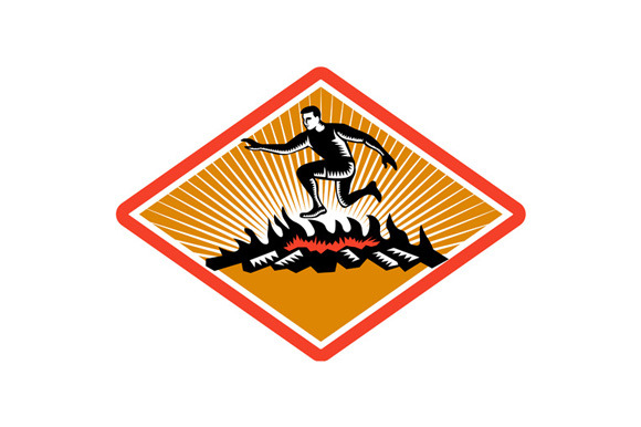 Obstacle Racing Jumping Fire Woodcut, an Illustration by patrimonio