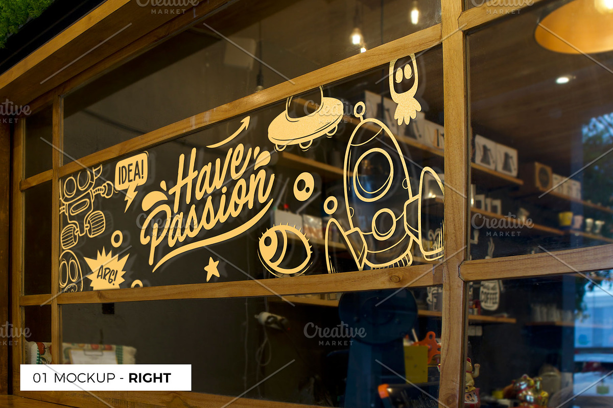 3 Cafe Glass Sticker Decals Mockup, a Product Mockup by Riopurba