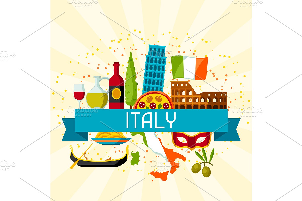 Italy background design. Italian symbols and objects, a Food ...
