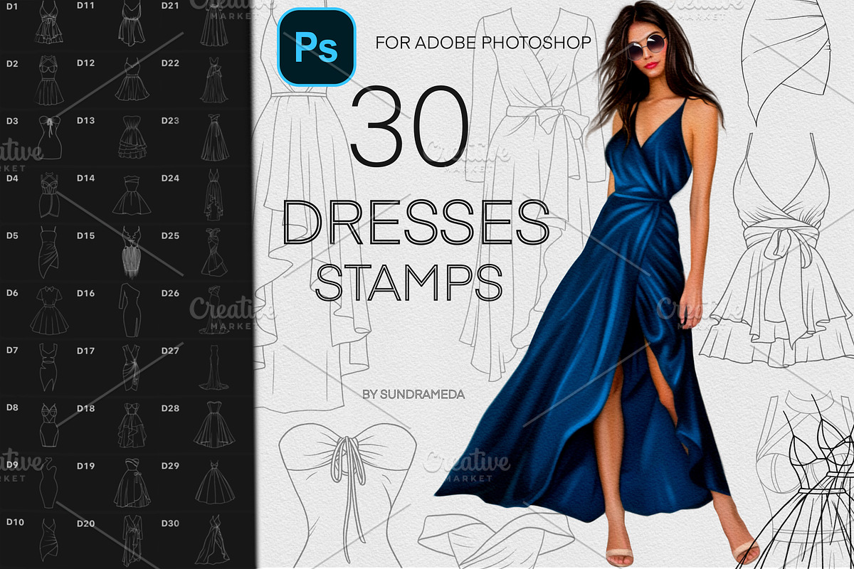 Fashion Dresses Stamp Photoshop, a Brush Add-On by sundrameda