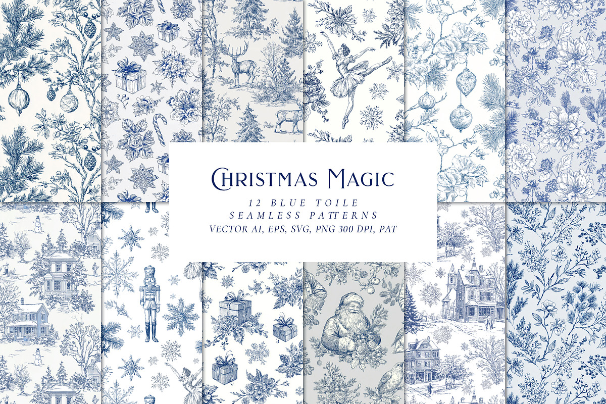 Christmas Magic Blue Toile Patterns