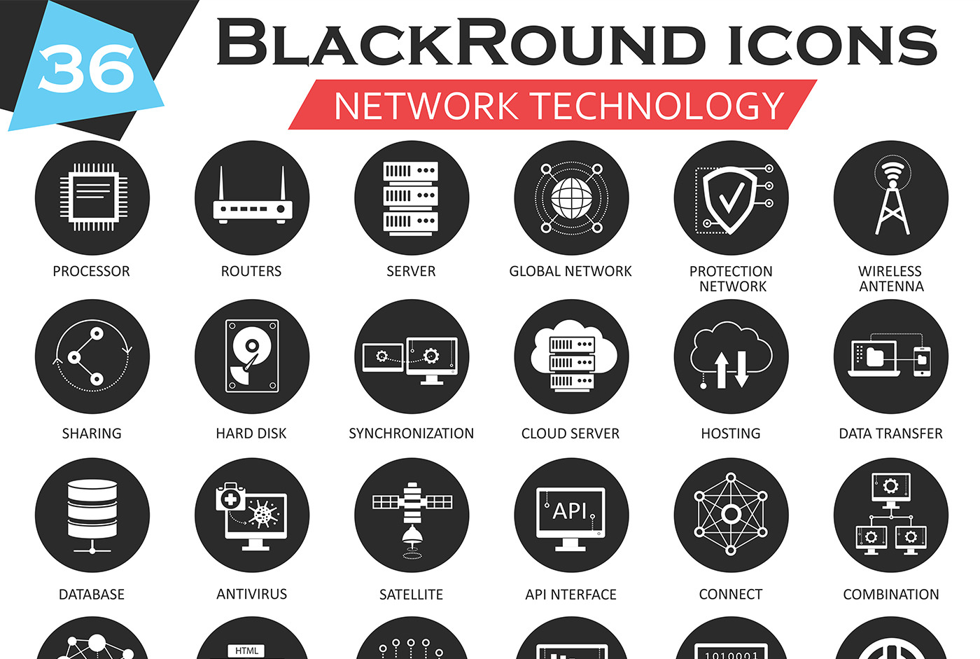 36 Network technology circle icons., an Icon by Lemberg Vector