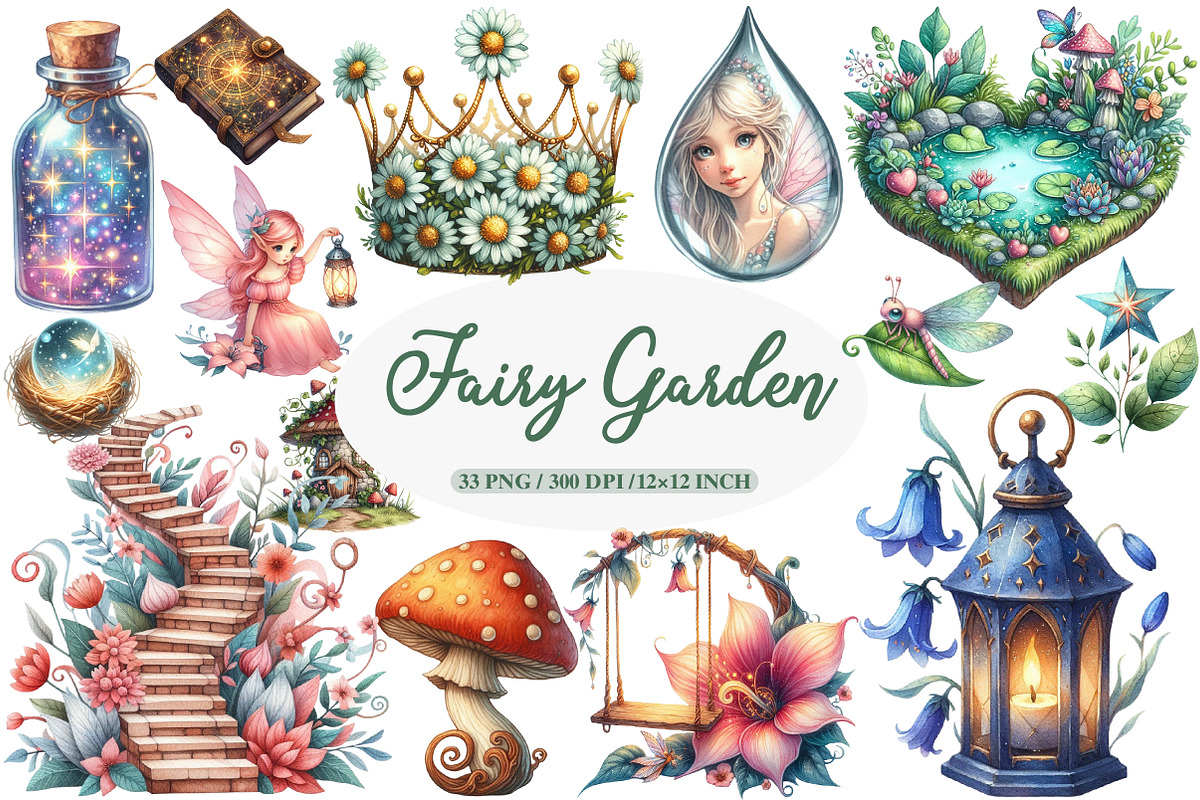 Fairy Garden Watercolor Clipart, an Illustration by Daily.Designs