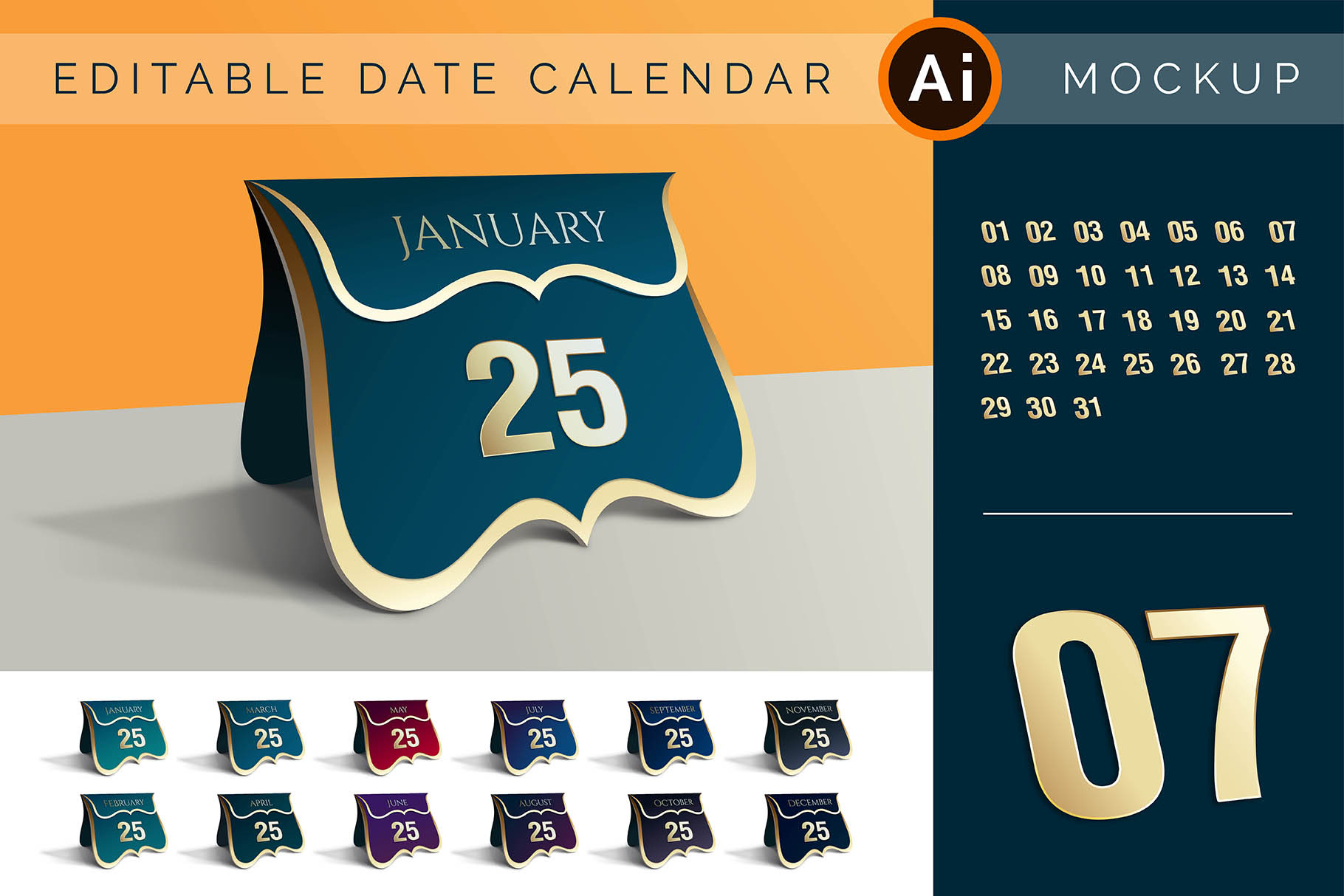 FULL EDITABLE DATE CALENDAR MOCKUP, a Product Mockup by M6 Gallery