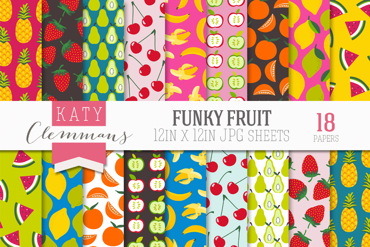 Funky Fruit digital paper pack, a Pattern Graphic by Katy Clemmans