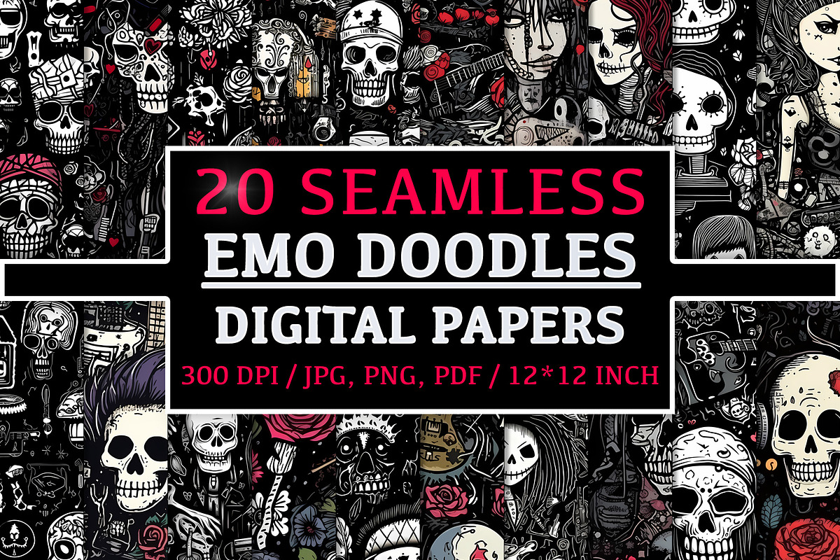 20 Seamless Emo Doodles Patterns, a Pattern Graphic by Nordic Design