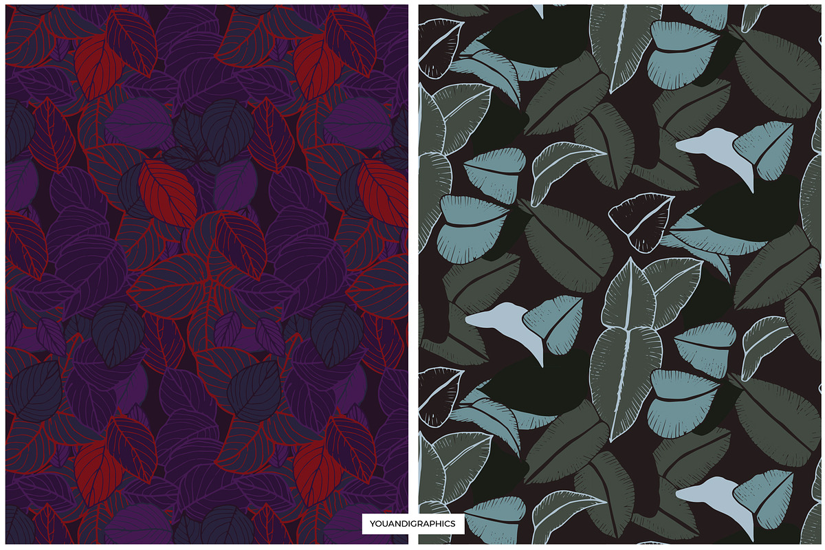Dark Leaves- 10 Seamless Patterns, a Pattern Graphic by Youandigraphics