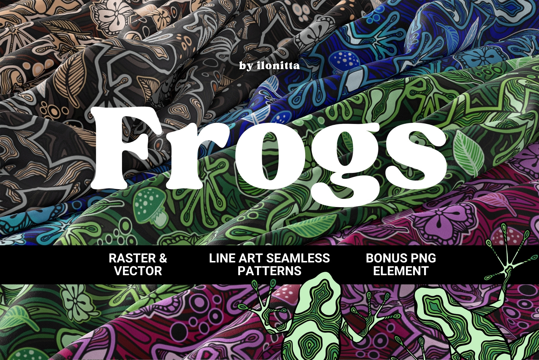Magic Frogs Line Art Patterns, a Pattern Graphic by ilonitta