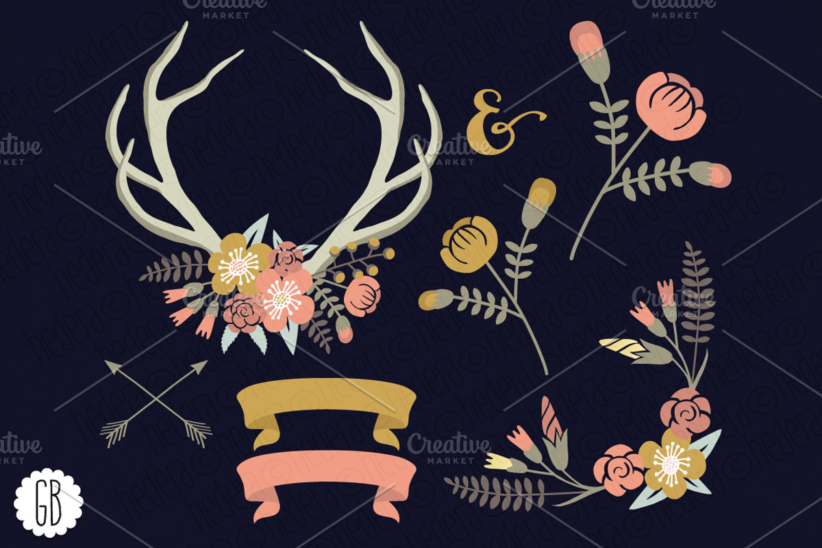 Floral wreaths heart antler laurels, an Illustration by GrafikBoutique