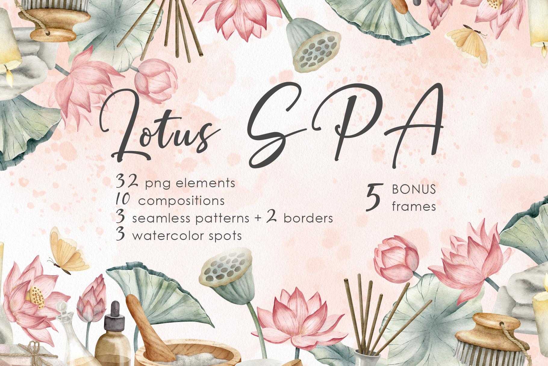 Watercolor lotus Spa clipart set, an Illustration by Alisles