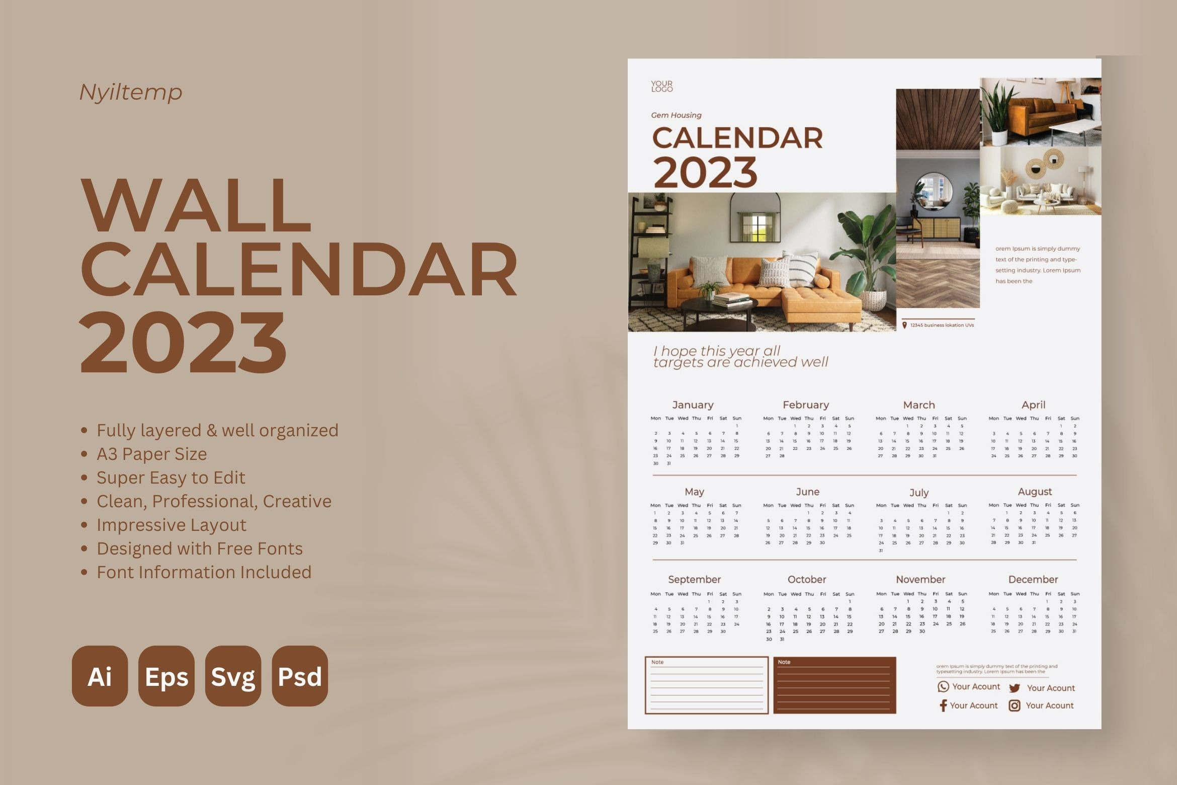 Wall Calendar 2023 Interior, a Templates & Theme by nyilstudio