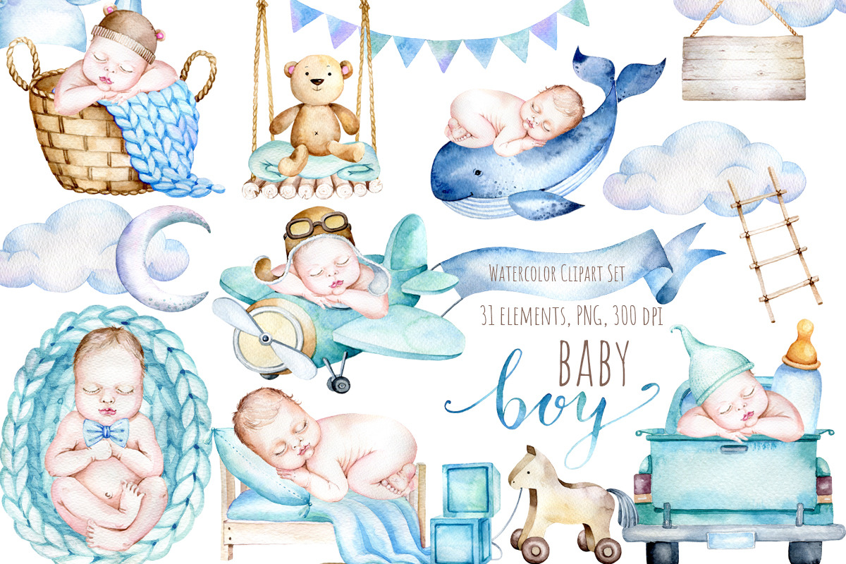 Baby Boy - Watercolor Clipart Set, an Illustration by SimpleWishesArt