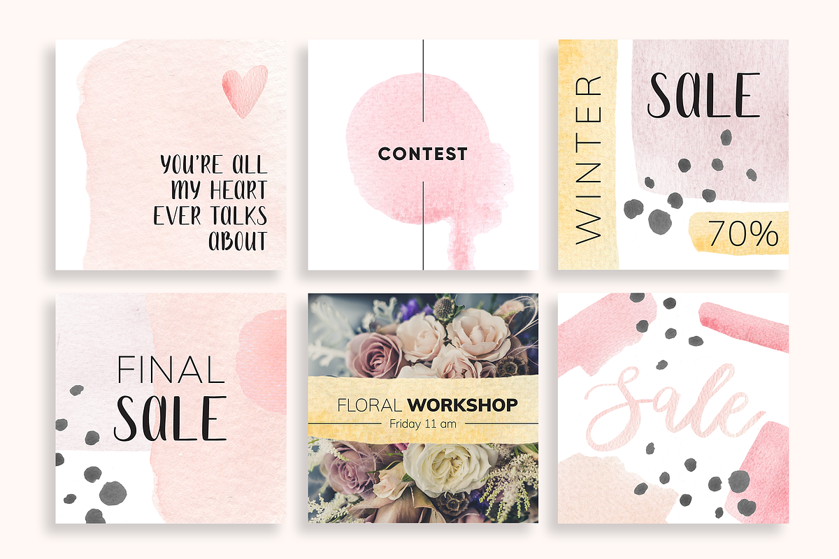 Romantic Watercolor Instagram Posts, a Social Media Template by Wild Ones