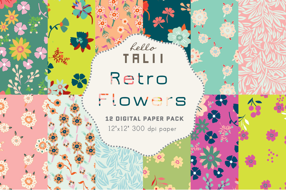 Retro Flowers Digital Paper, a Pattern Graphic by Hello Talii