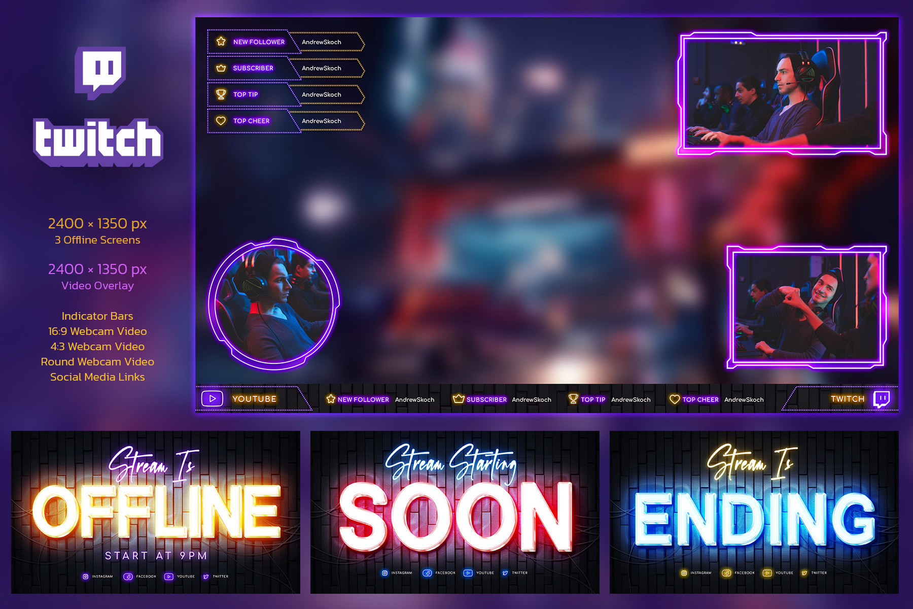 Neon Gaming Twitch, a Social Media Template by Andrew Skoch Design