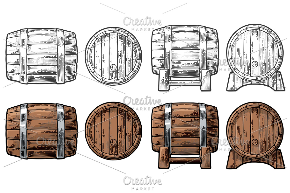 Wooden barrel front and side view., an Object Illustration by MoreVector