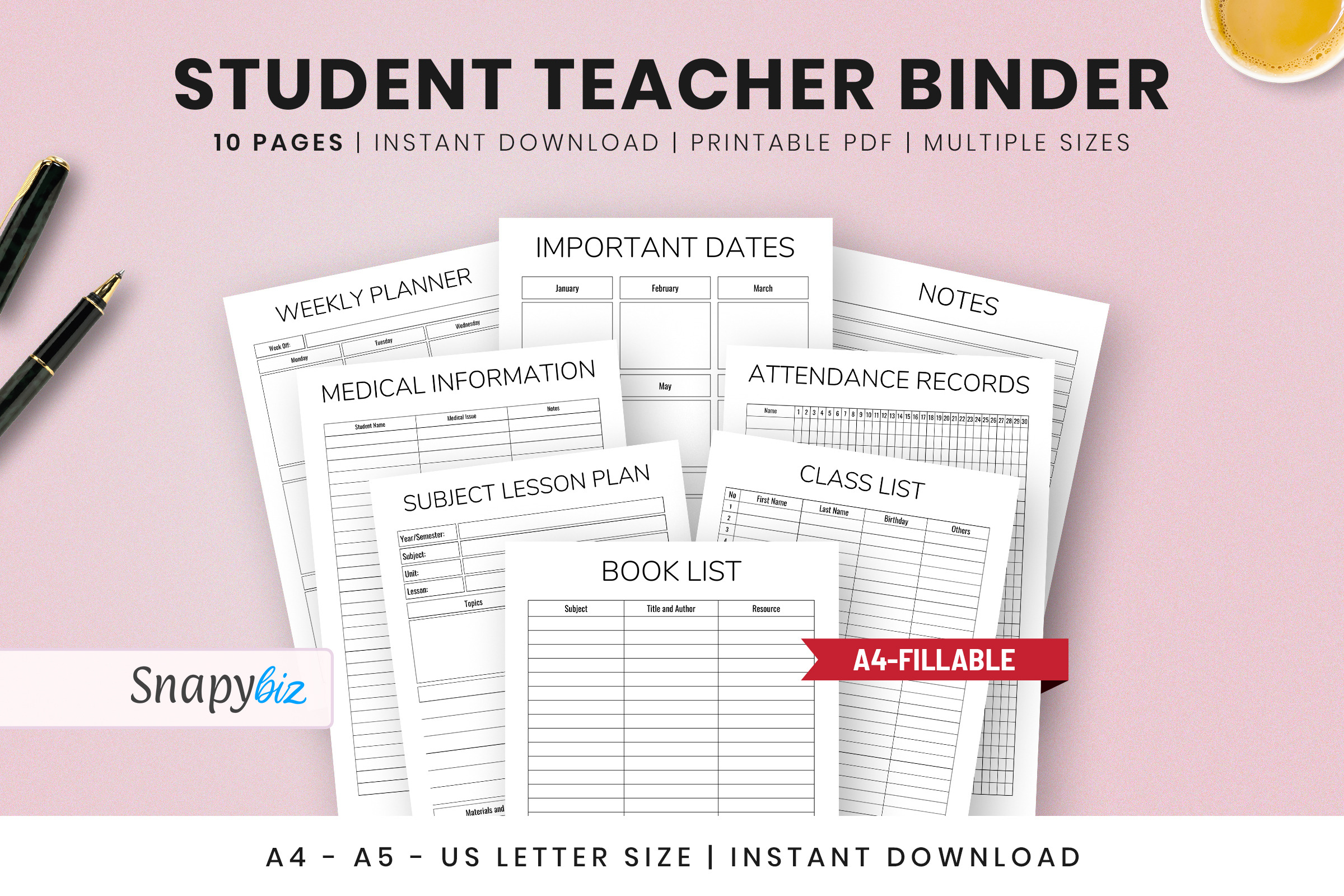 Printable Student Teacher Binder, a Print Template by Snapybiz