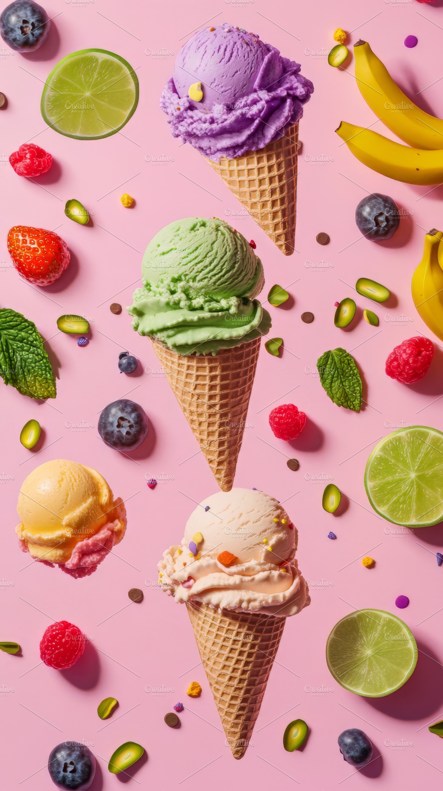 Ice Cream Cones with Fruits and Nuts on Pink Background, an Abstract ...