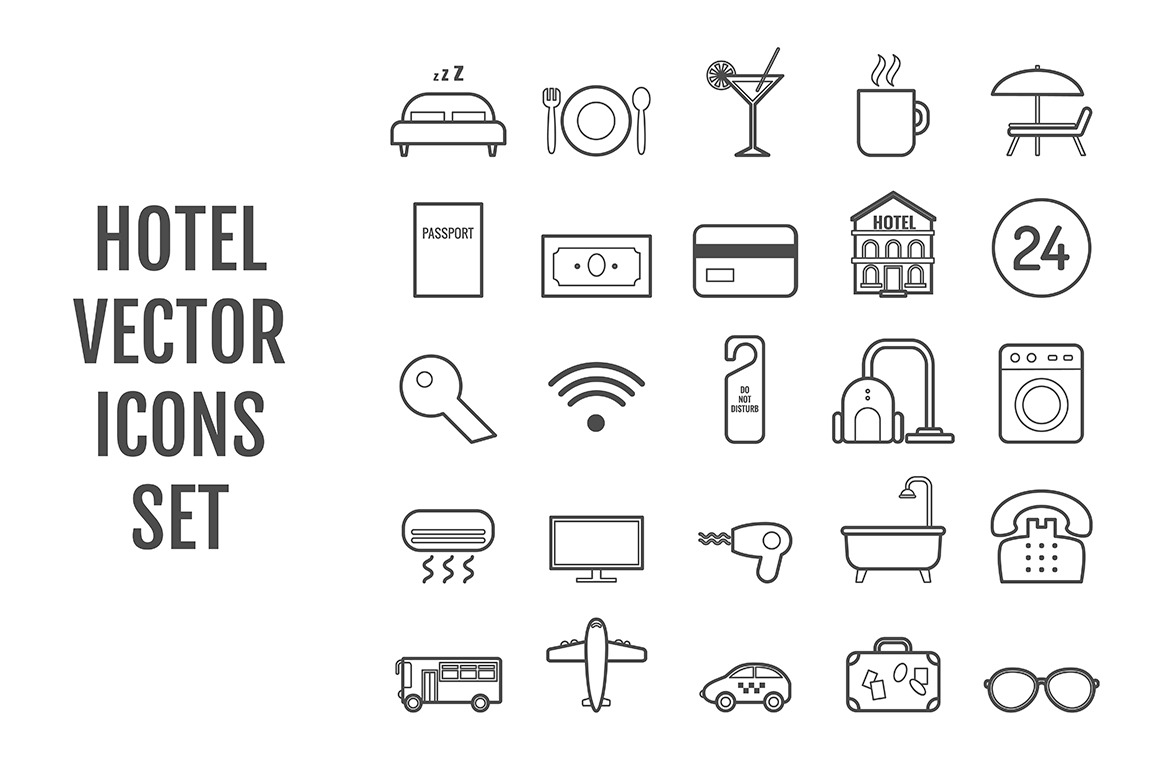 Set of 25 vector line hotel icons, an Outline Icon by Irina Romanova