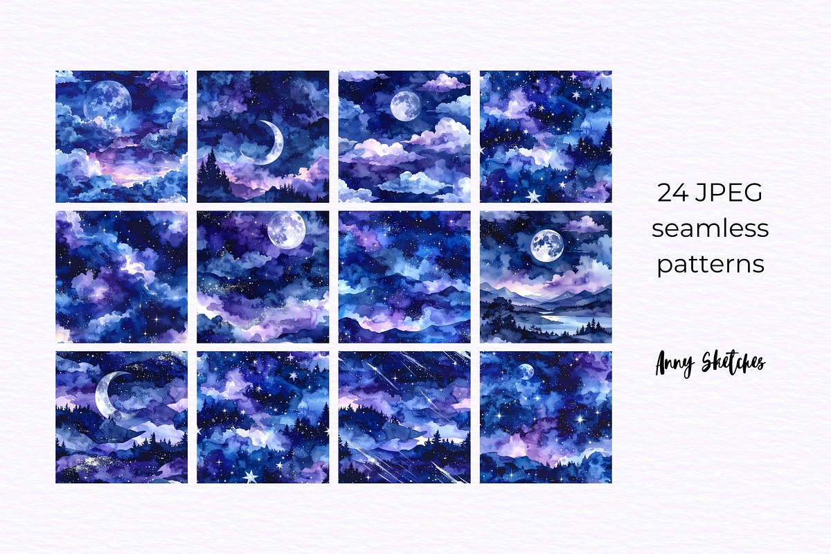 Moon & Night Sky Seamless Patterns, a Pattern Graphic by Anny Sketches