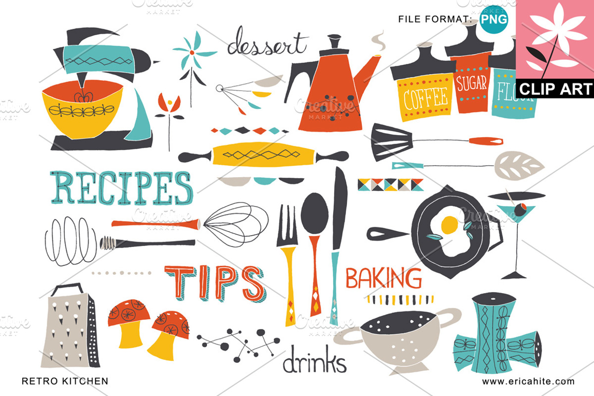 Retro Kitchen: Clip Art (PNG), an Illustration by Erica Hite | Creative ...