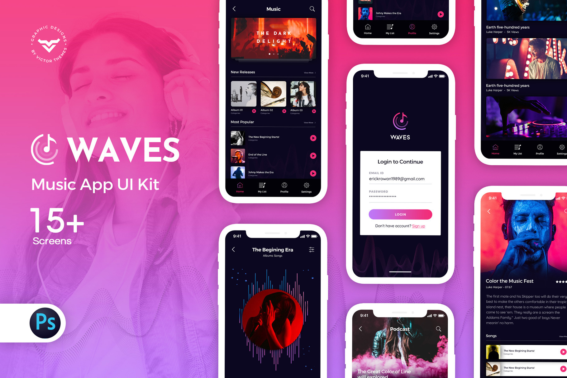Waves: Music Mobile App UI Kit, a Graphic by VictorThemes