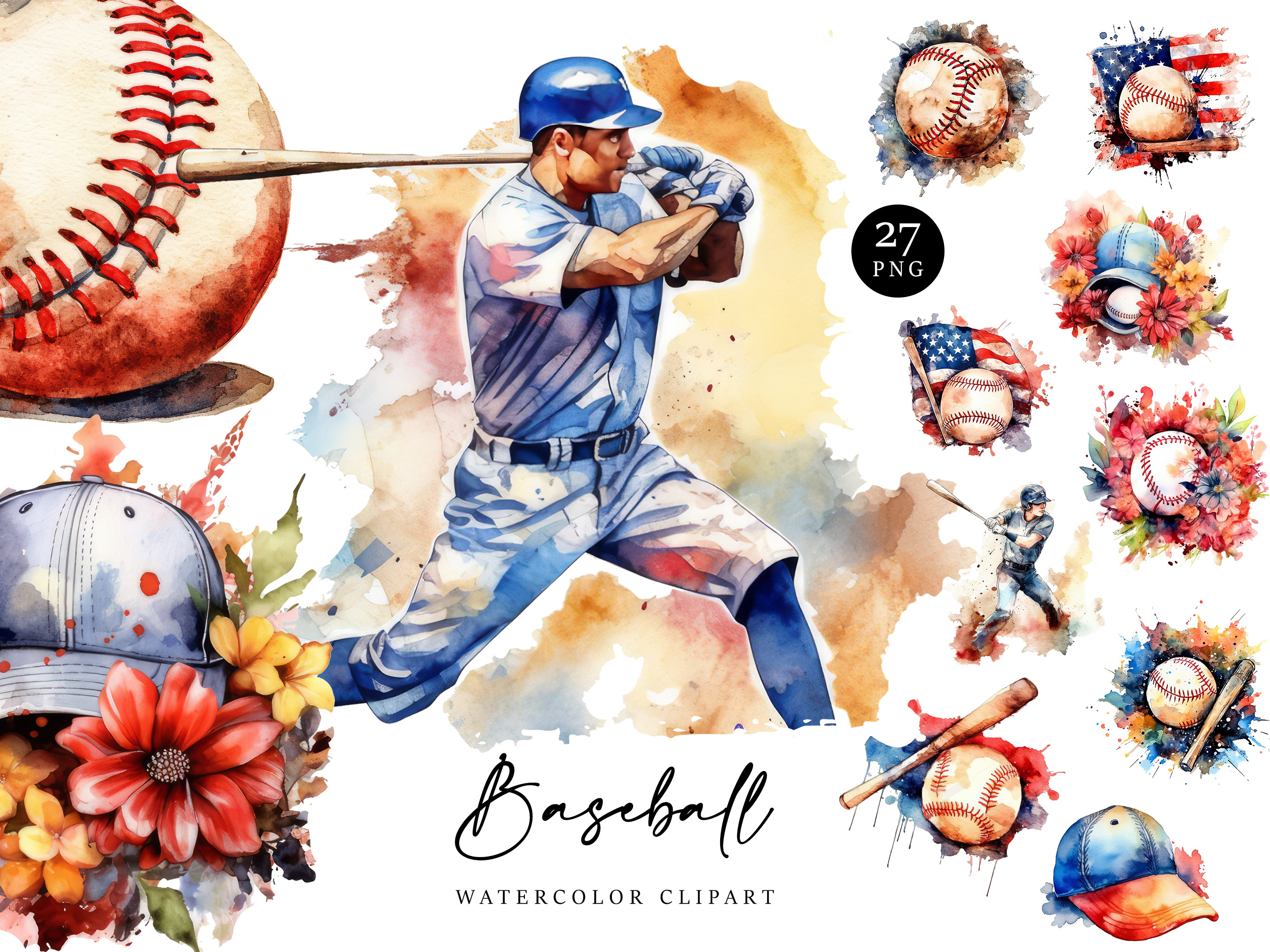Watercolor Baseball Clipart Bundle, a Sport Illustration by Design Scotch