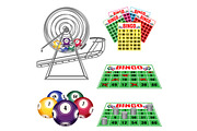 Lottery machine with balls inside, bingo cards and balls, tickets, an ...