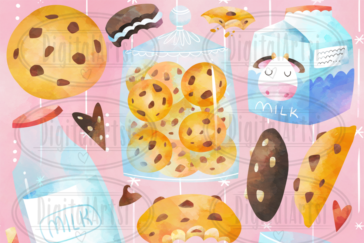 Watercolor Milk and Cookies Clipart, a Food Illustration by DigitalArtsi