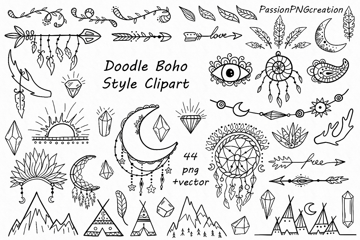 Doodle Boho Style Clipart, an Illustration by PassionPNGcreation