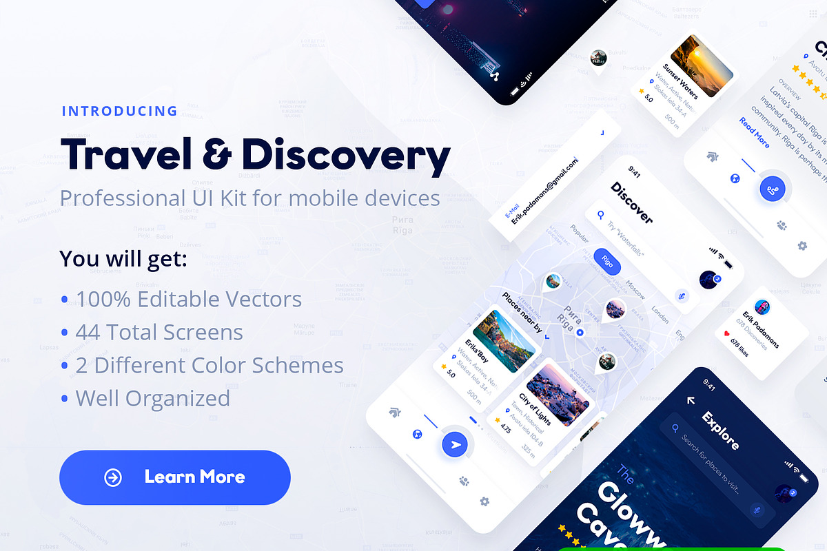 Travel & Discovery Mobile UI Kit, an UI Kit Template by Erik Padamans