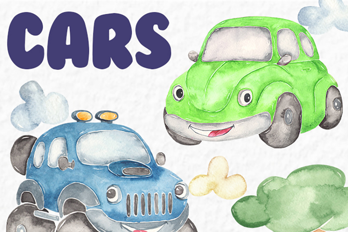 Cute cars Watercolor clipart, an Education Illustration by Marina Ermakova