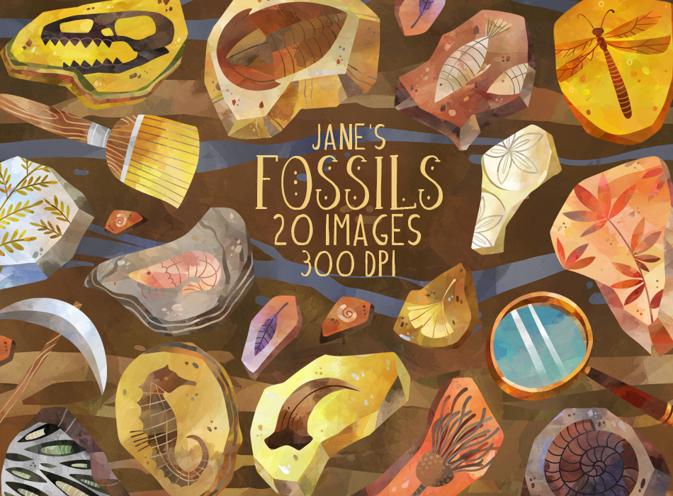 Watercolor Fossils Clipart, an Education Illustration by DigitalArtsi