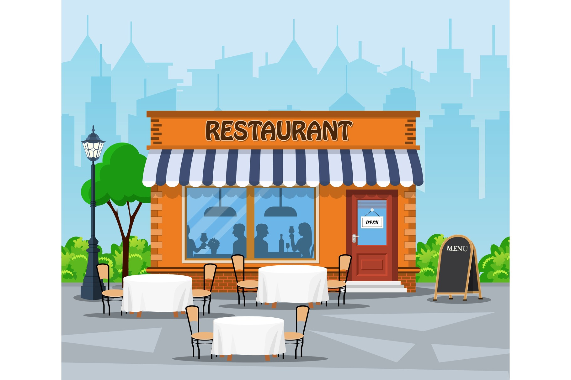 Restaurant building city background, a Food Illustration by ModVector