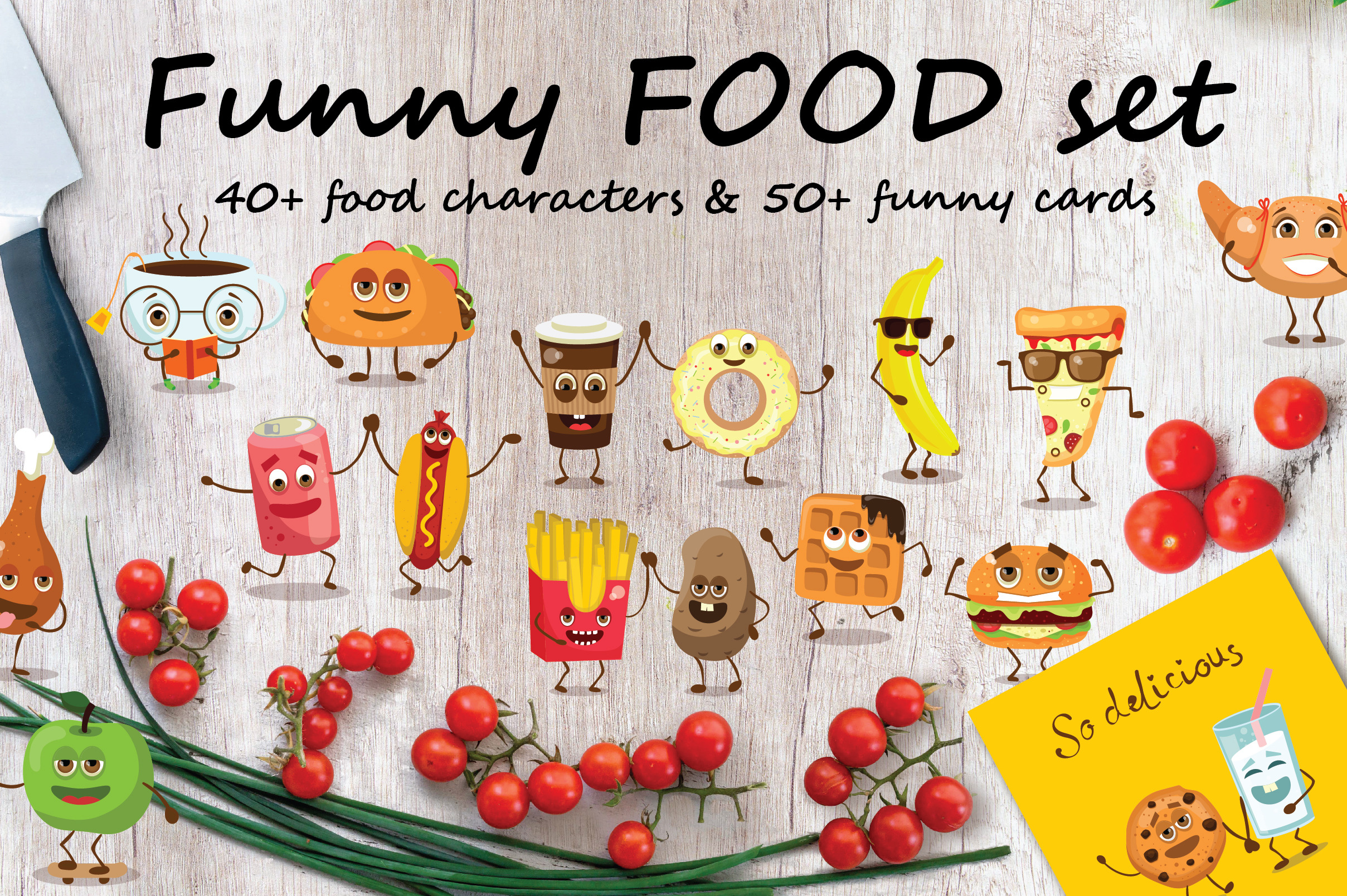Funny FOOD set, a Food Illustration by Virinaflora