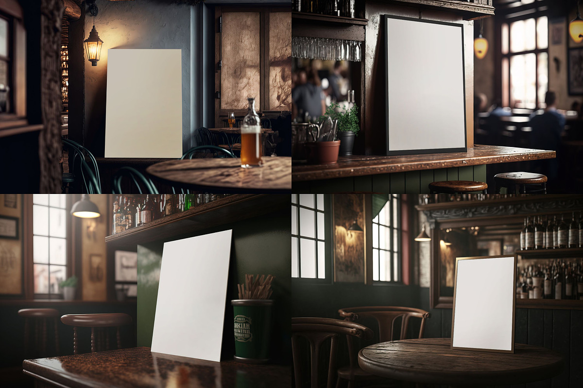 Pub Posters PSD Mockup Pack, Bar Banner PSD Template, Wooden interior ...